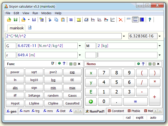 Sicyon = freeware scientific (VB/JScript) calculator + constant database + unit conv. + solver